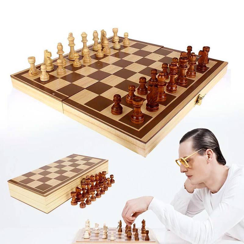 Kids Baby Children Wooden Chess Set Folding Board Box Wood Hand Carved ...
