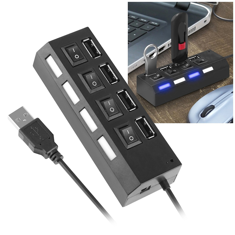 LED 4 Port USB 2.0 Hub High Speed Power On/Off Button Switch for Laptop ...